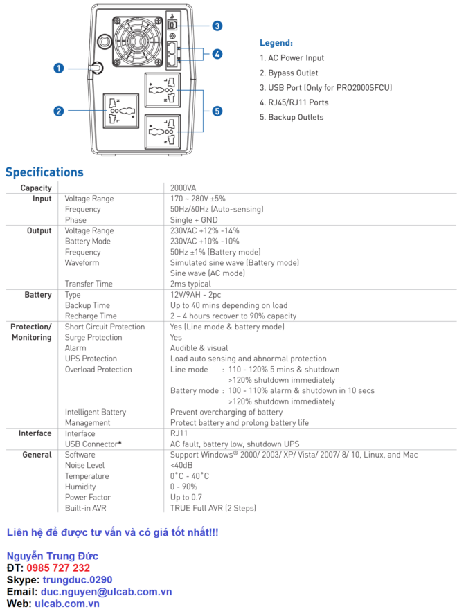 Bộ lưu điện PROLINK ( PRO2000SFCU ) Line Interactive UPS 2000VA with ...